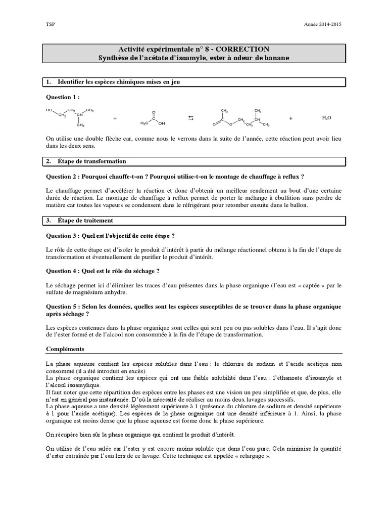 TP 20 TSP Synthse Ester Odeur de Banane Correction | PDF | Acide acétique | Distillation