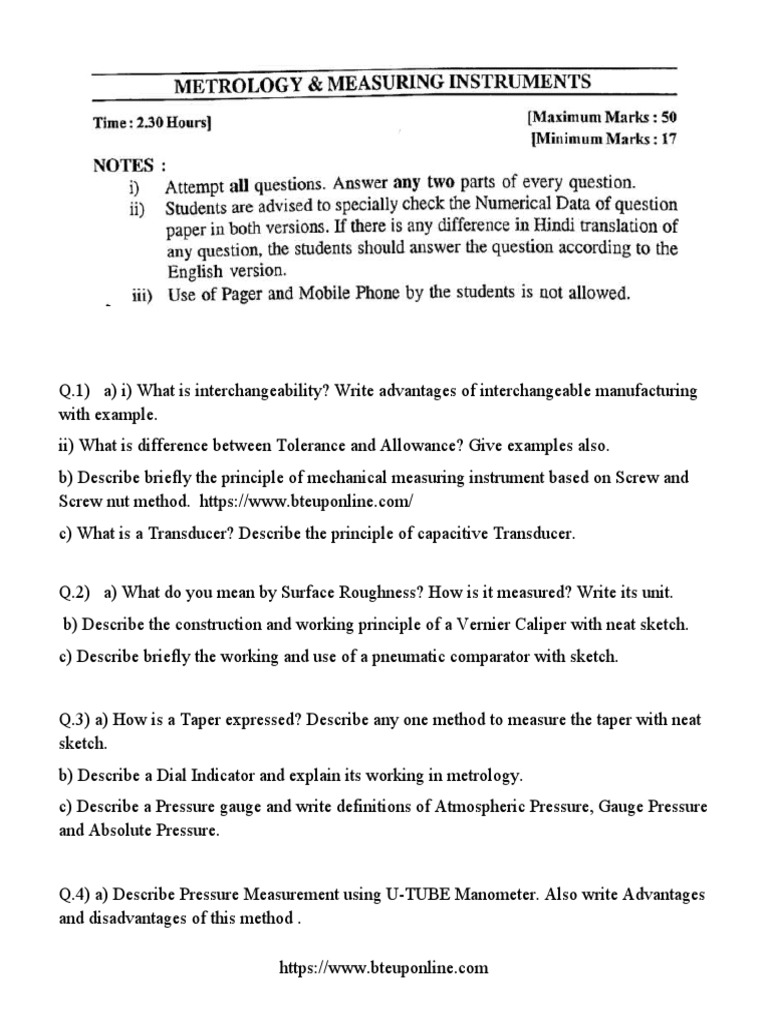 All 6 Sem Metrology and Measuring Instruments 0848 Jun 2019 | PDF