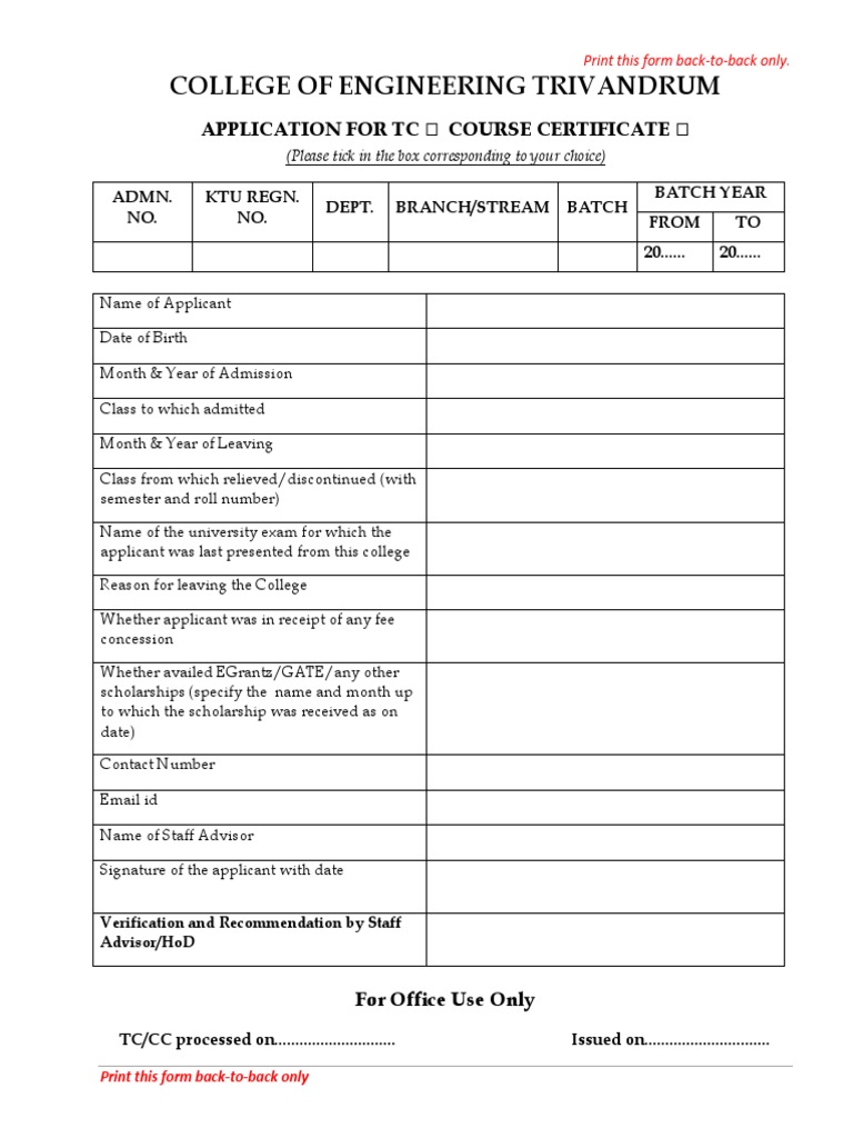TC Application Form for College | PDF | Educational Stages
