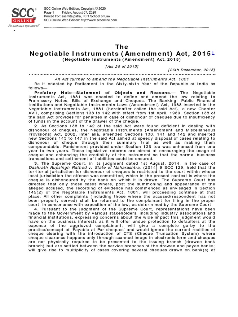 Negotiable Instruments (Amendment) Act, 2015 | PDF | Cheque ...