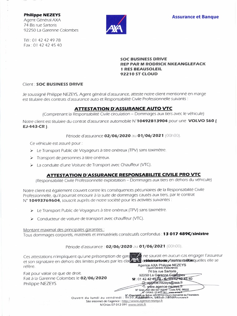 Attestation d'assurance VTC et RC Pro | PDF | Assurance | Assurance ...