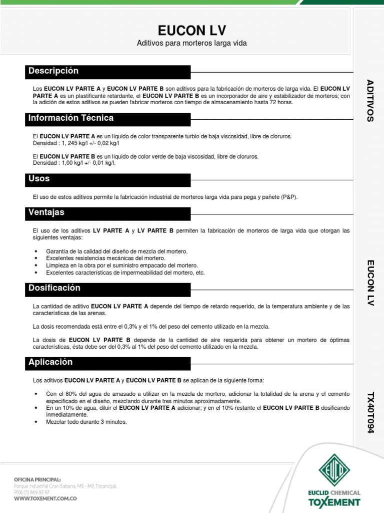 Aditivos EUCON LV para Morteros Larga Vida | PDF | Química | Materiales