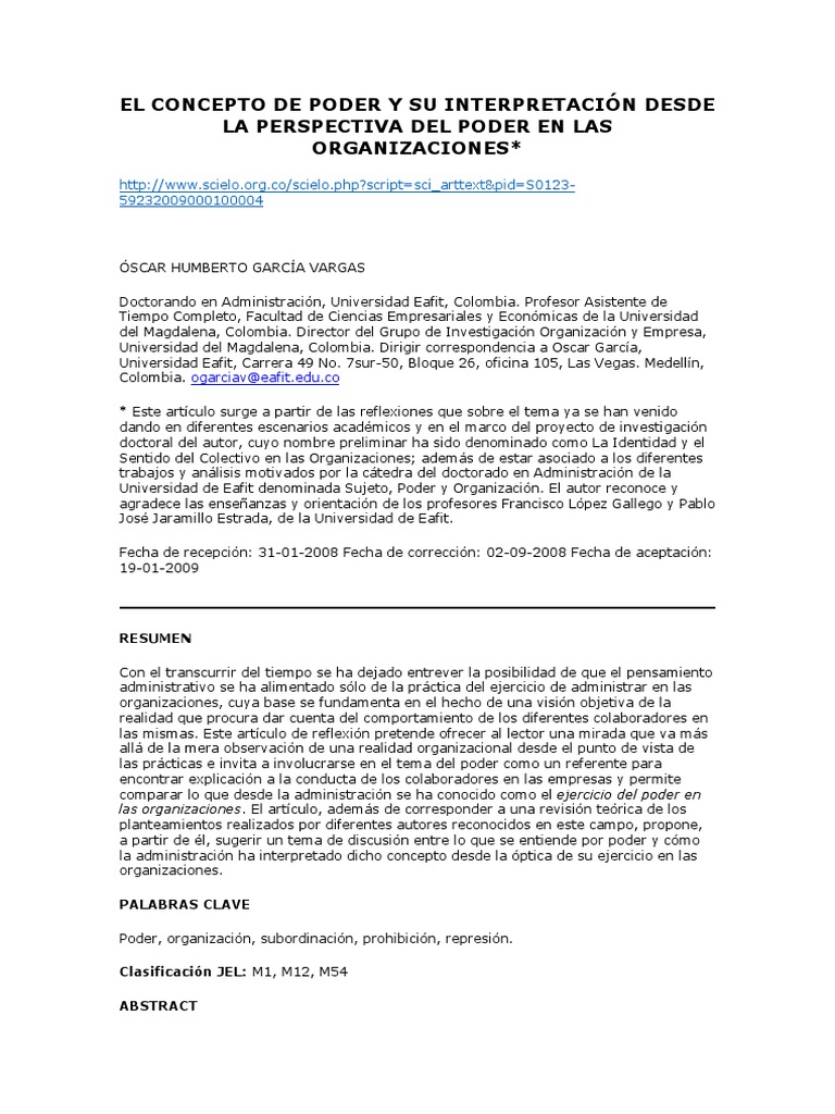 El Concepto de Poder y Su Interpretación Desde La Perspectiva Del Poder en Las Organizaciones ...