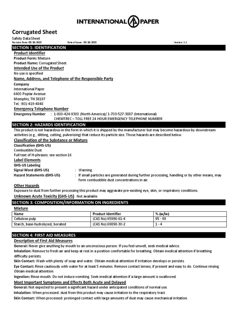 Corrugated Sheet Sds | PDF | Firefighting | Toxicity