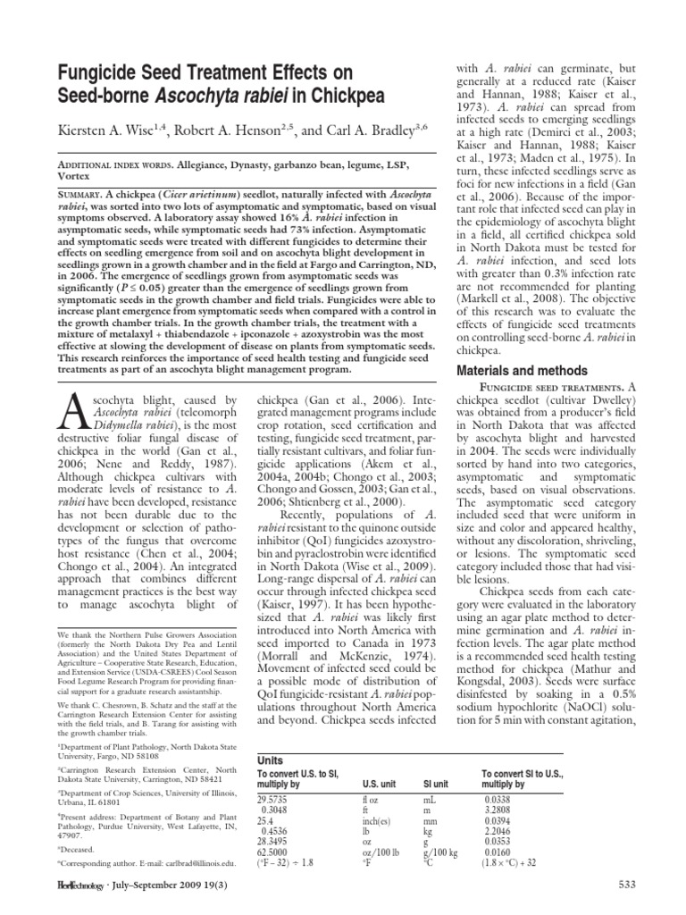 Fungicide Seed Treatment Effects On Seed-Borne Ascochyta Rabiei in Chickpea by Wise 2009 | PDF ...