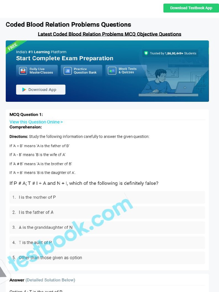 MCQ On Coded Blood Relation Problems 5eea6a0e39140f30f369e4cf | PDF