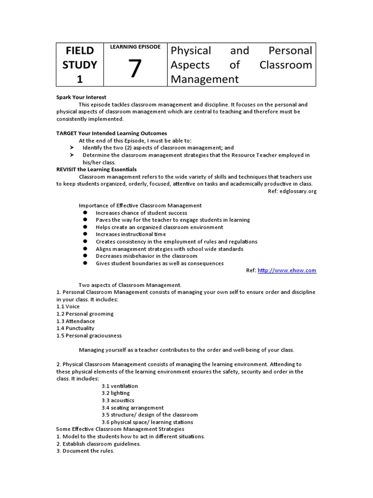 FIELD STUDY 1 Ep. 7 | PDF | Classroom Management | Teachers