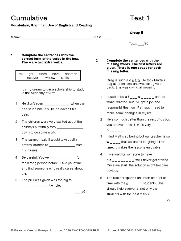 Focus4 2E Cumulative Test 1 Units1-2 GroupB | PDF | Extraversion And ...