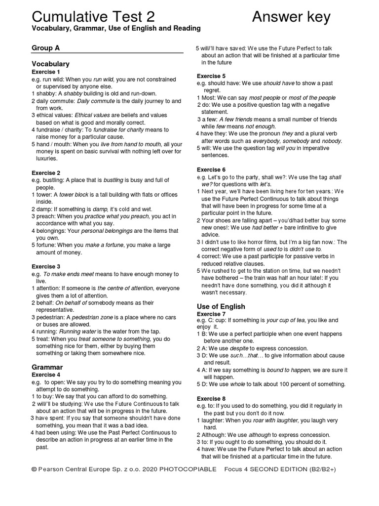 Focus4 2E Cumulative Test 2 Units1-4 ANSWERS | PDF | Perfect (Grammar ...