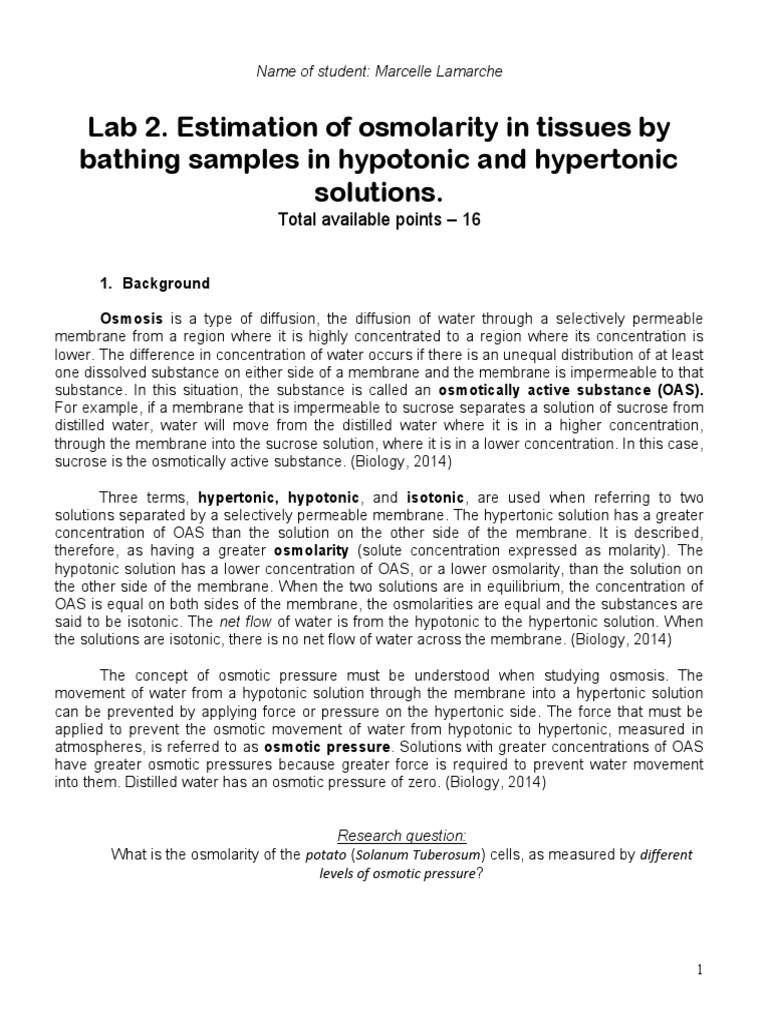 Osmosis Lab | PDF | Osmosis | Chemistry