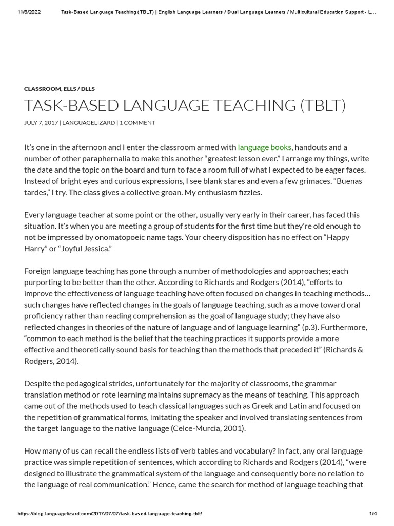 Task-Based Language Teaching (TBLT) - English Language Learners - Dual Language Learners ...