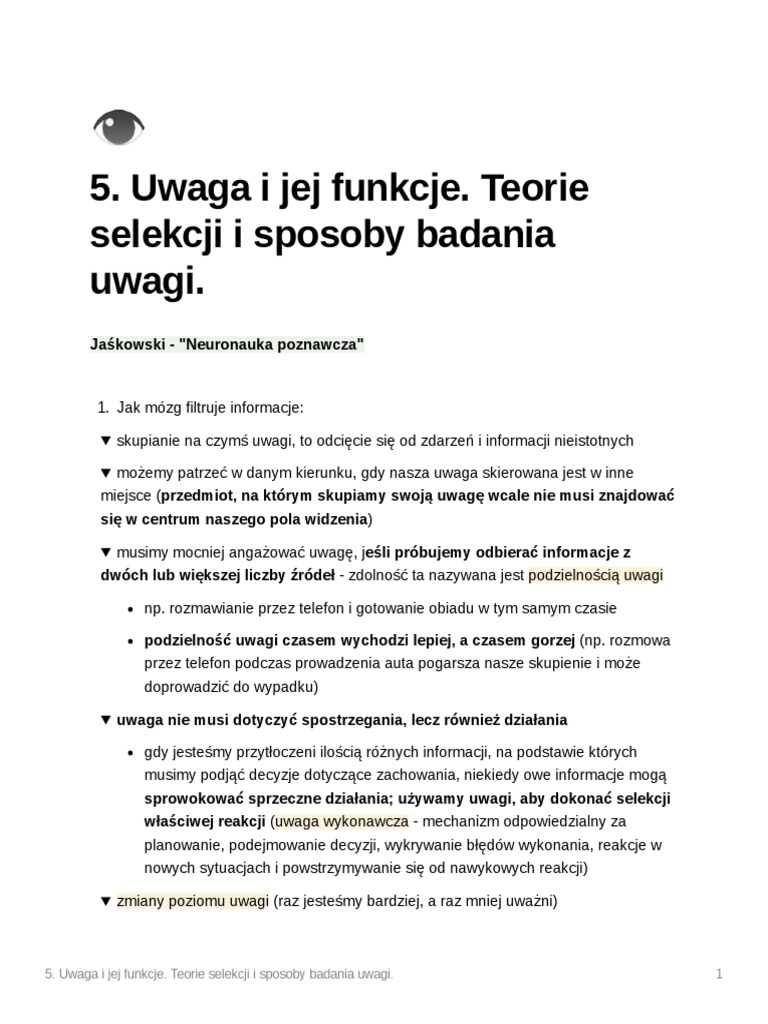 Uwaga I Jej Funkcje. Teorie Selekcji I Sposoby Badania Uwagi. | PDF