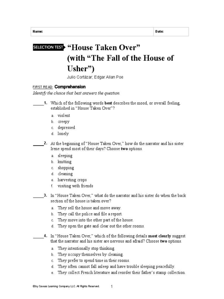House Taken Over Questions | PDF | Verb | Semantic Units