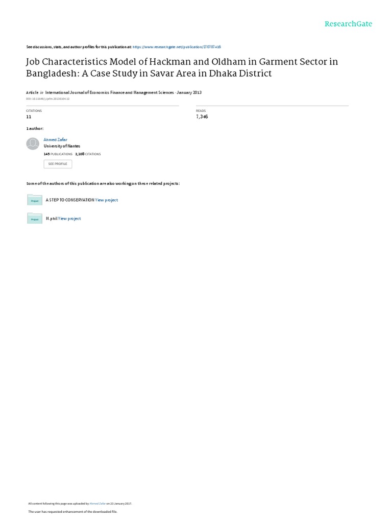 Job Characteristics Model of Hackman and Oldham in | PDF | Cost Of ...