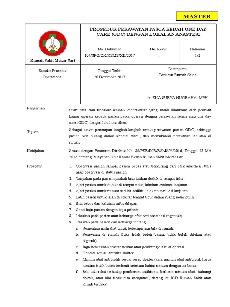 104 Spo Prosedur Perawatan Pasca Bedah One Day Care (Odc) Dengan Lokal Anastehesi | PDF