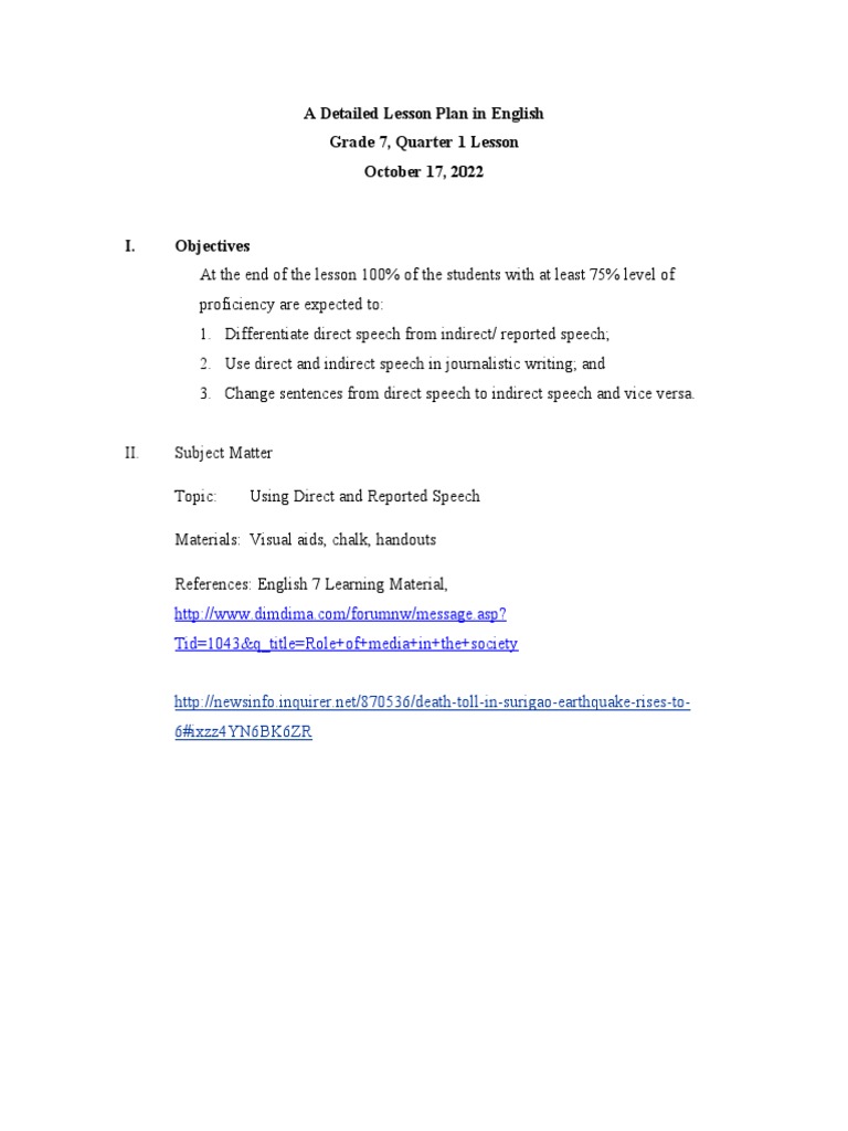 A Detailed Lesson Plan For Grade 8 Engli | PDF