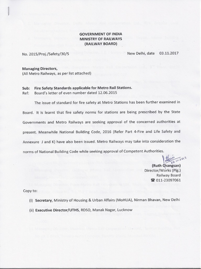 Fire Safety Standards For Metro Stations RB Letter | PDF