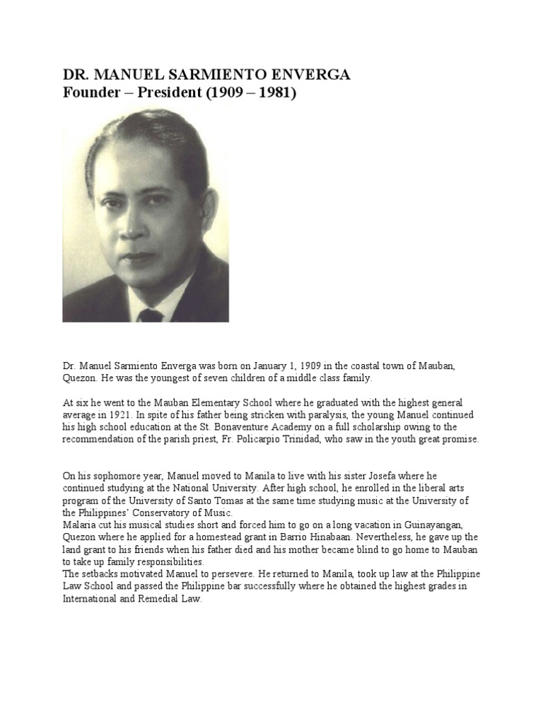 Dr. Manuel Sarmiento Enverga Founder - President (1909 - 1981) | PDF ...