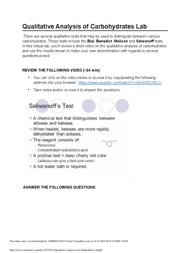 Qualitative Analysis of Carbohydrates Lab PDF | PDF | Biochemistry ...