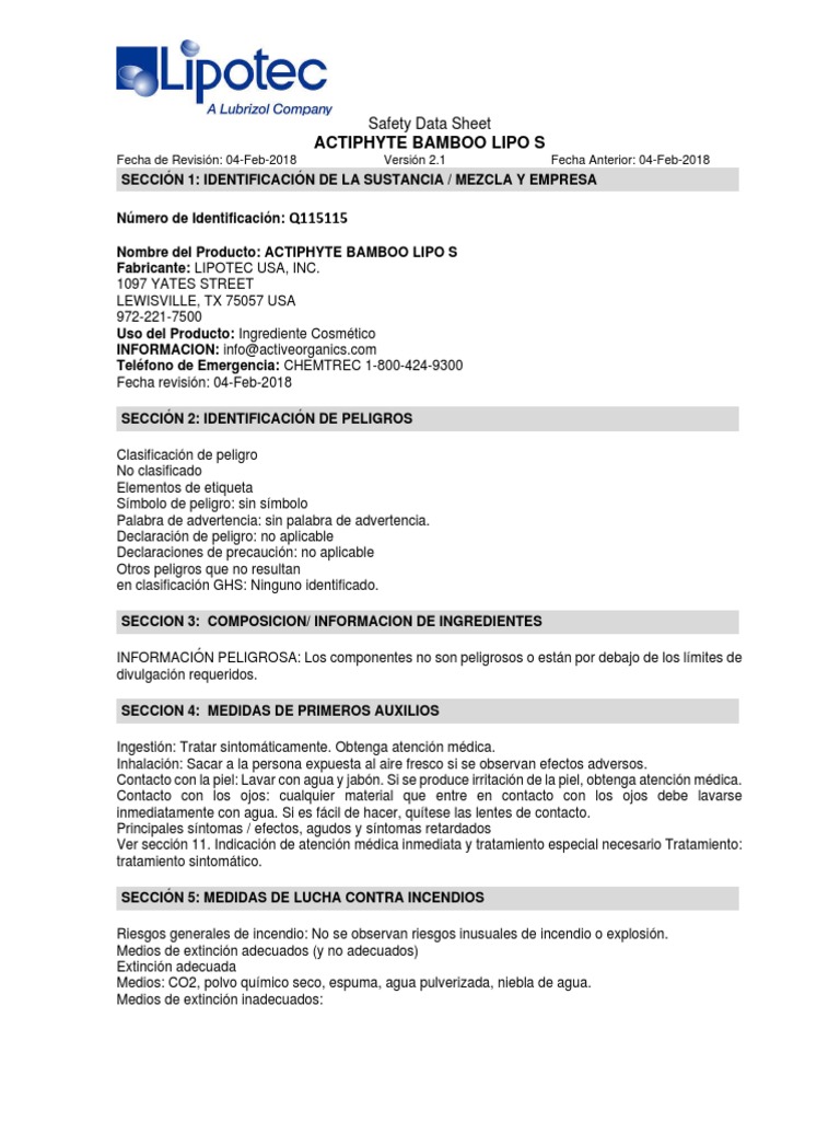 SDS - ACTIPHYTE BAMBOO LIPO S - Lipotec - Feb 2018 Esp | PDF