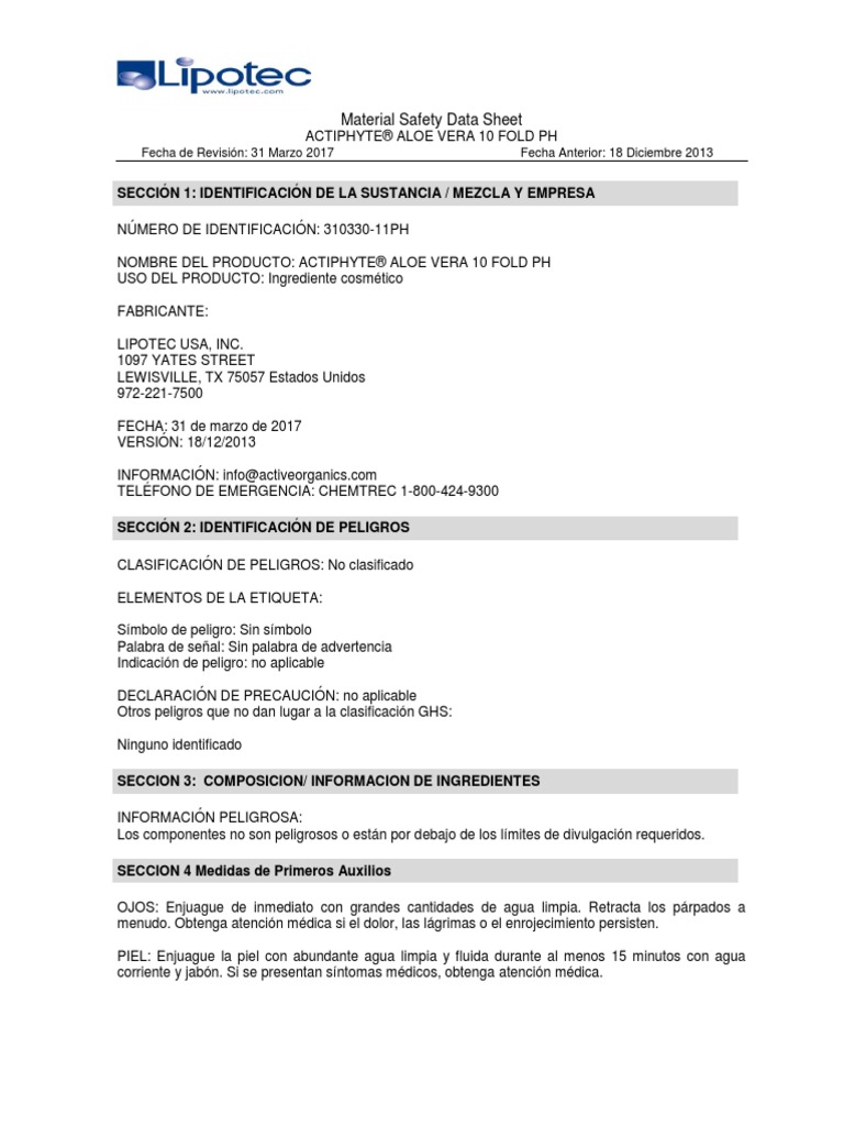 SDS - ACTIPHYTE ALOE VERA 10FOLD PH - Lipotec (Mar 2017) ESP | PDF ...