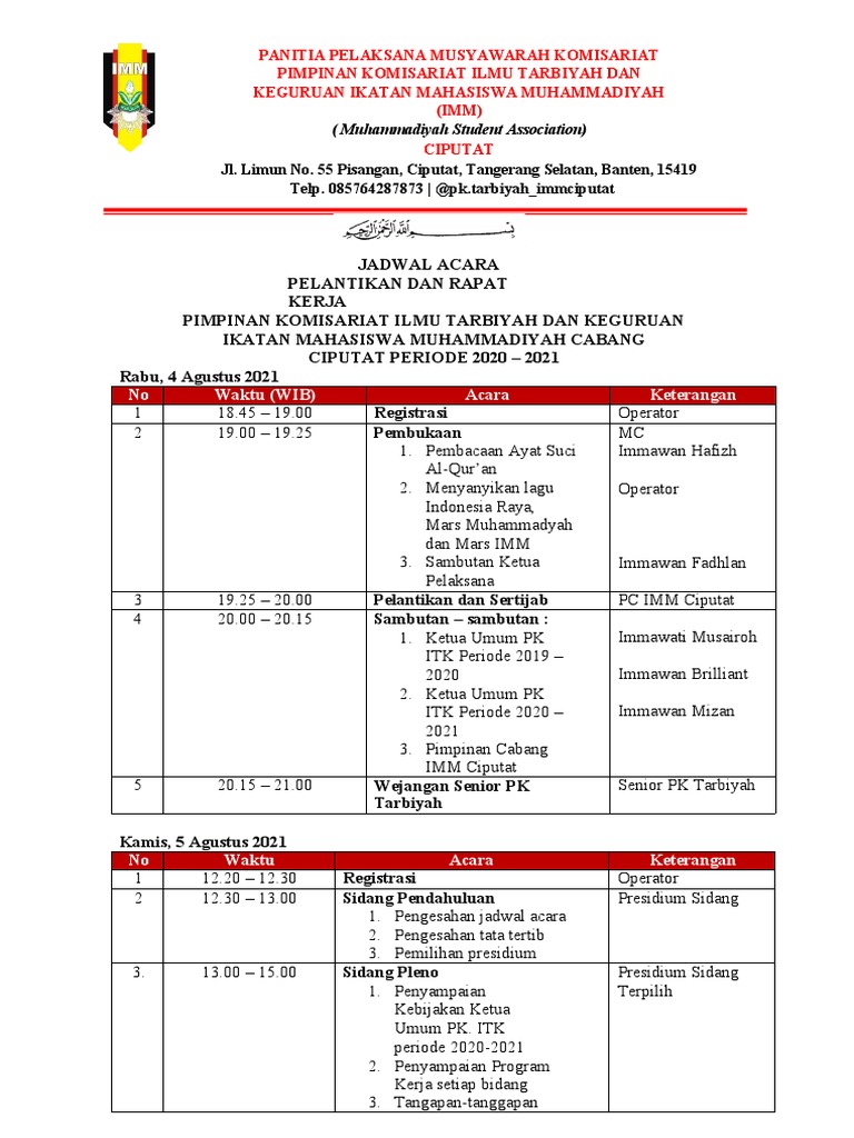Jadwal Acara Pelantikan Dan Raker | PDF