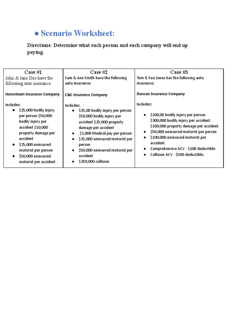Vehicle Insurance Scenario Worksheet | PDF