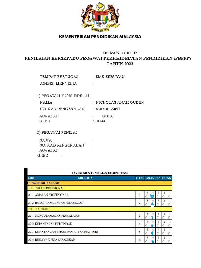 Borang Skor PBPPP 2022 | PDF