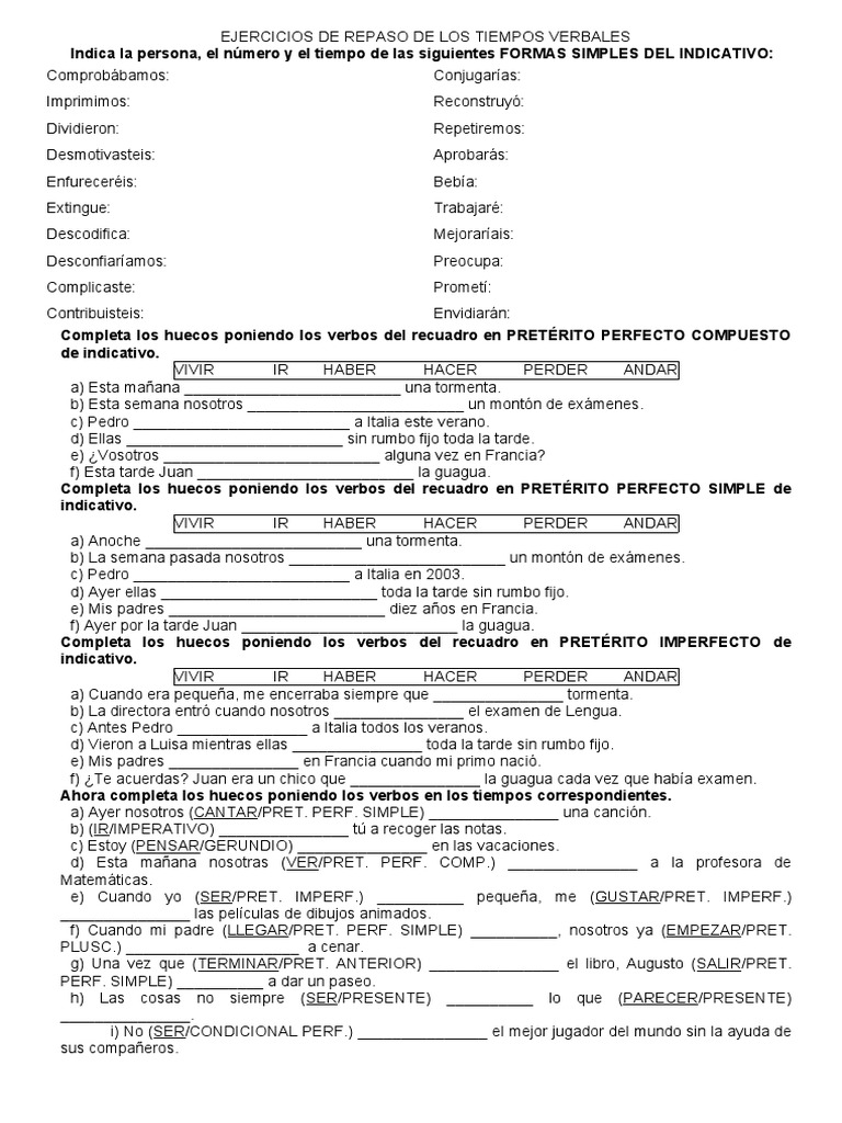 Ejercicios de Repaso de Tiempos Verbales | PDF | Verbo | Lingüística