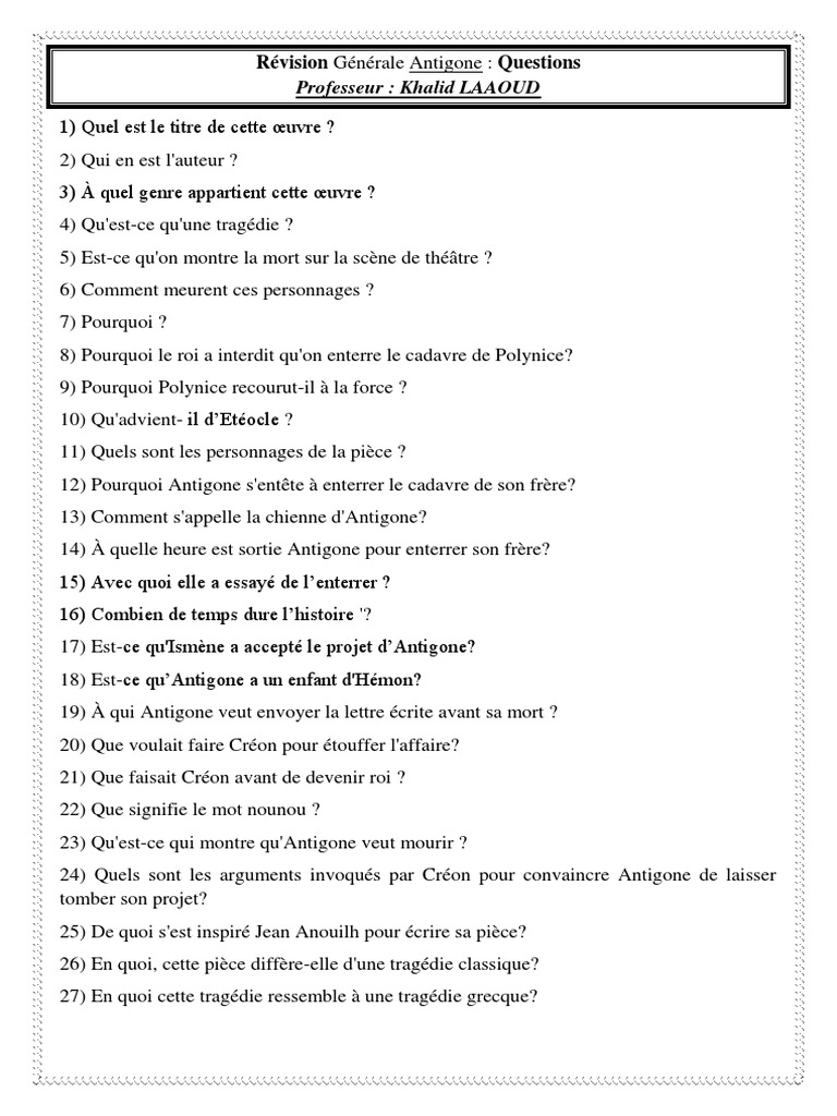 Questions sur Antigone de Jean Anouilh | PDF