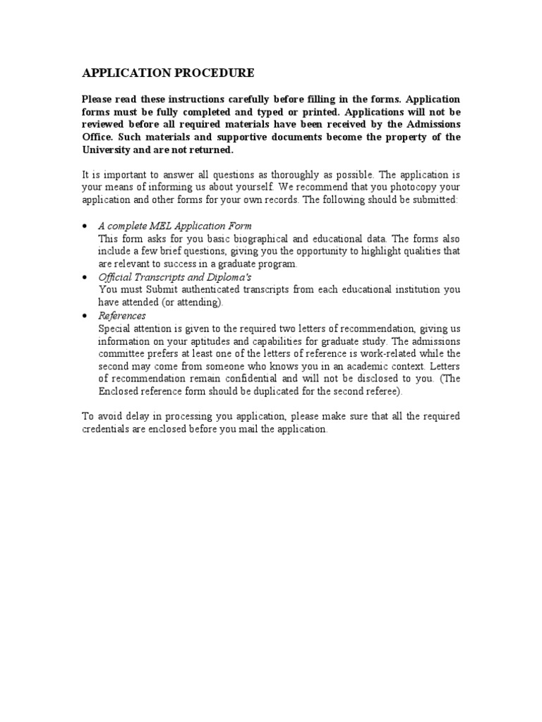 Application Procedure: A Complete MEL Application Form | PDF | Graduate ...