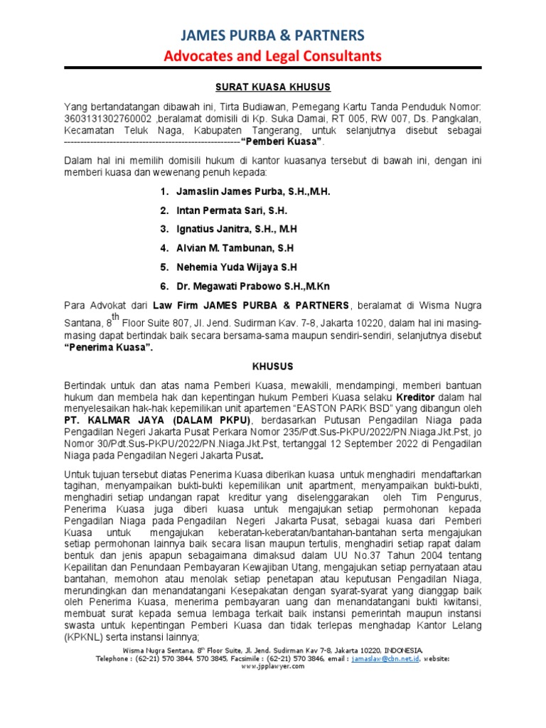 Surat Kuasa Khusus - Kreditur Konsumen - PT - KALMAR JAYA PKPU - JPP Tirta Budiawan | PDF