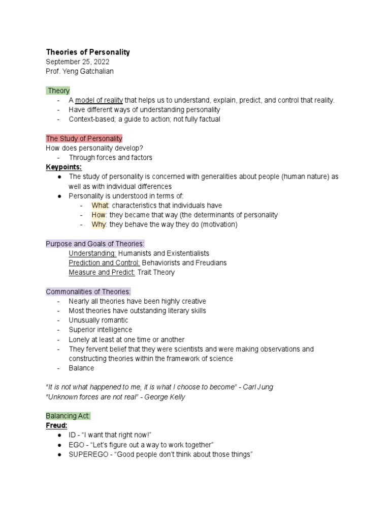 Theories of Personality Lecture Notes | PDF