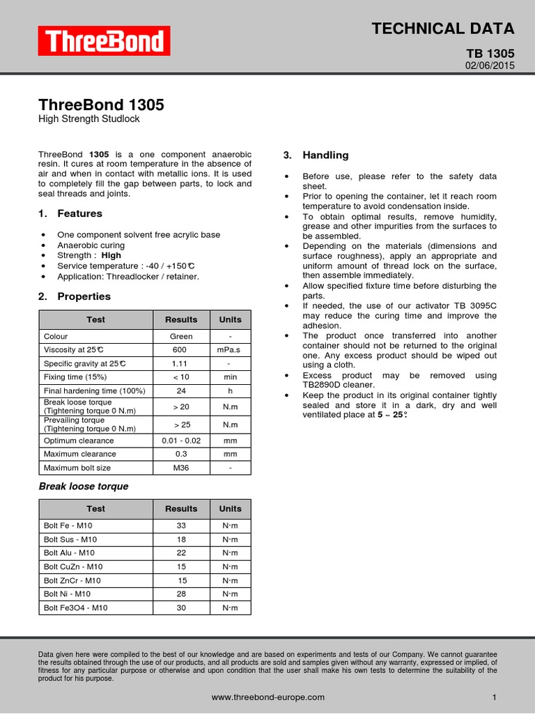 High Strength Studlock: Technical Data Sheet for ThreeBond 1305 One Component Anaerobic Resin ...