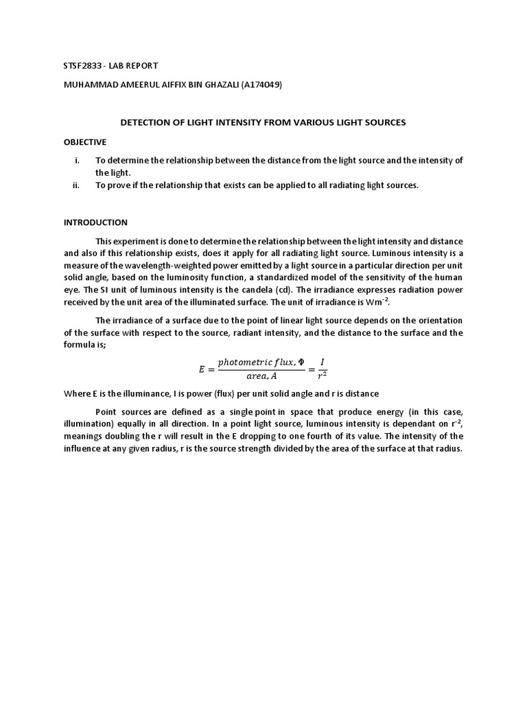 Lab Report - Light Intensity - A174049 | PDF | Intensity (Physics ...