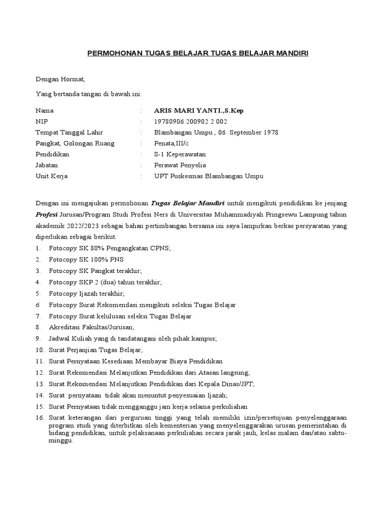 Permohonan Tugas Belajar PNS 2022 | PDF