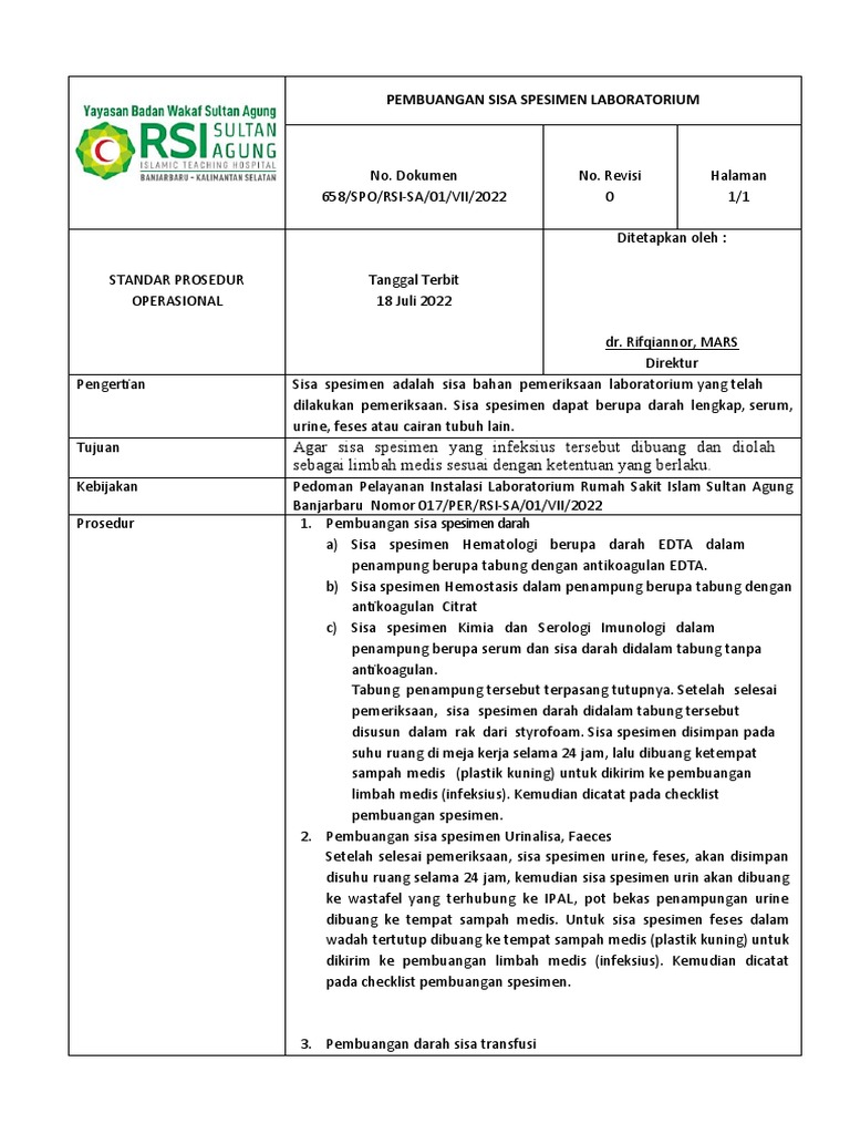 SPO Pembuangan Sisa Spesimen Laboratorium | PDF
