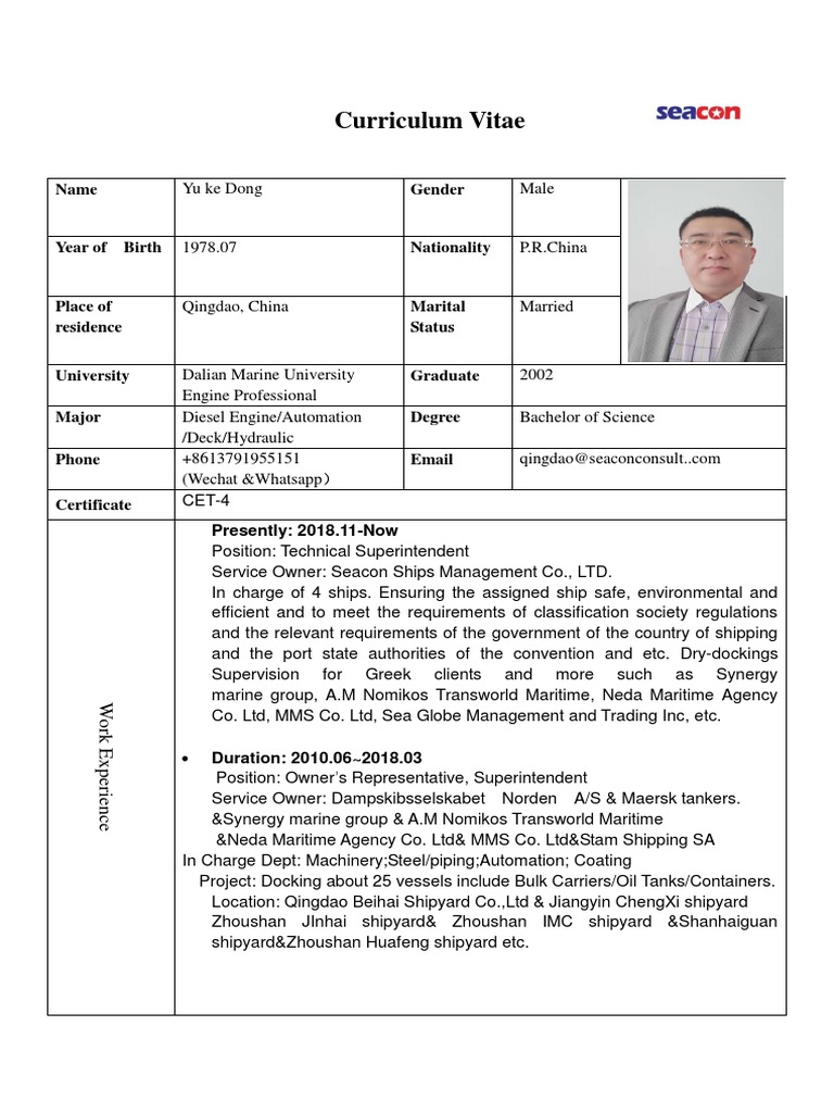 CV of MR Yu Ke Dong | Download Free PDF | Ships | Manufactured Goods