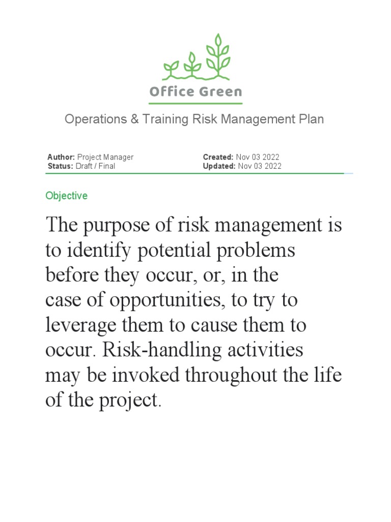 Operations & Training Risk Management Plan | PDF | Risk | Risk Management