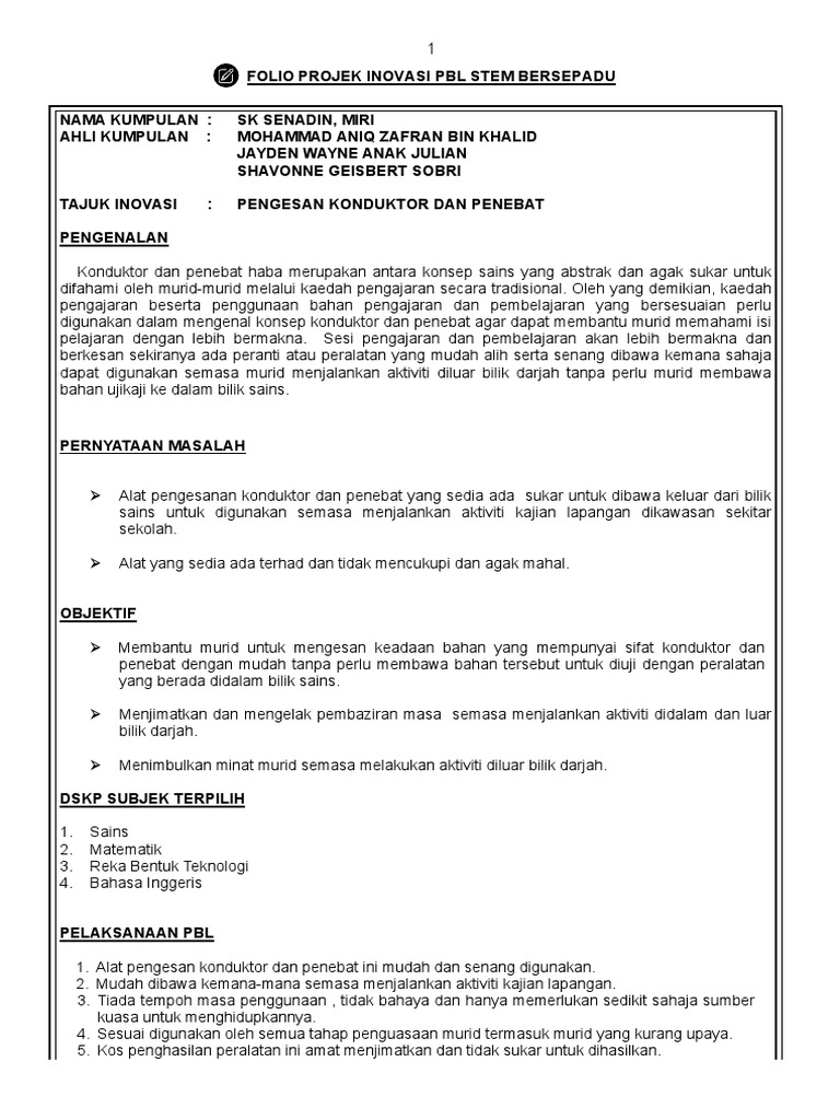 Folio Inovasi PBL Stem SK Senadin (2022) | PDF
