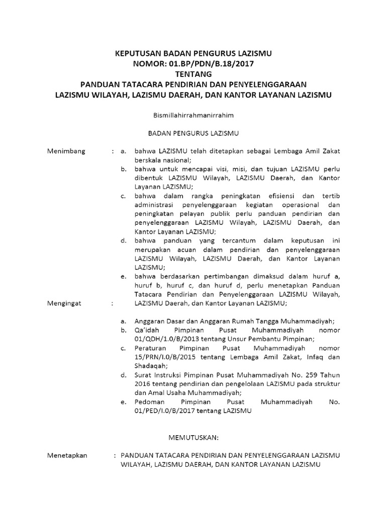 Keputusan Badan Pengurus Lazismu Nomor - 01.BP - PDN - B.18 - 2017 Tentang - Panduan Tatacara ...