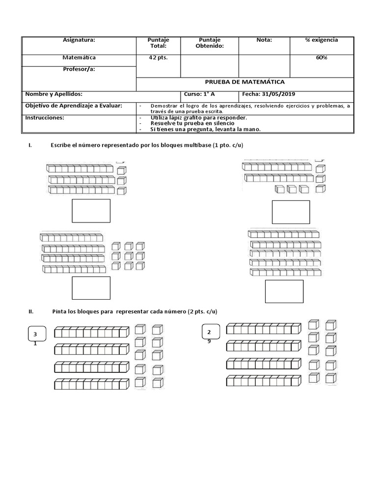 Prueba Valor Posicional 1° Básico | PDF