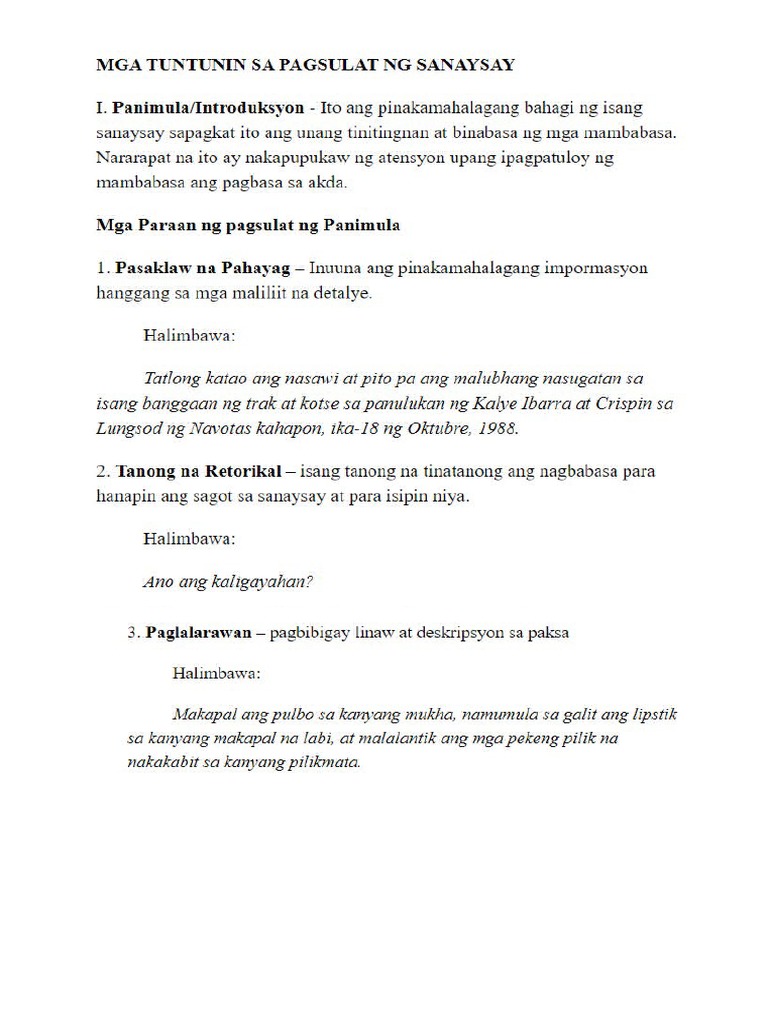 Tuntunin Sa Pagsulat NG Sanaysay | PDF