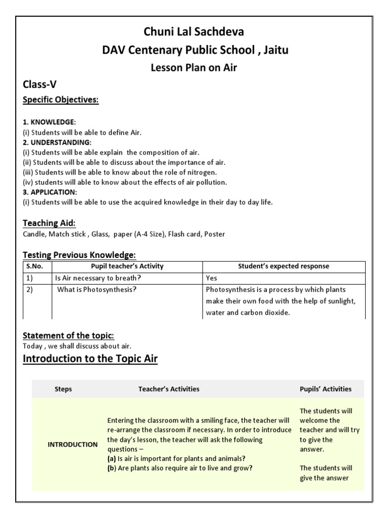 Air Lesson Plan | PDF | Nitrogen | Teachers