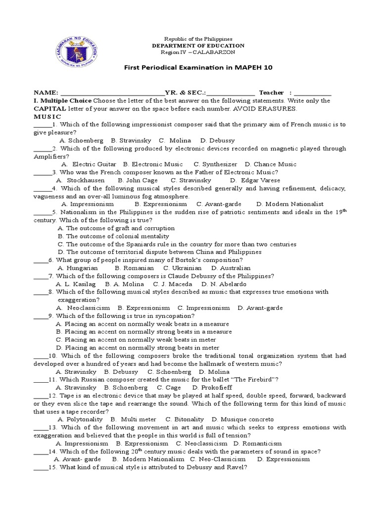 First Periodical Test MAPEH 10 | PDF | Paintings | Physical Fitness