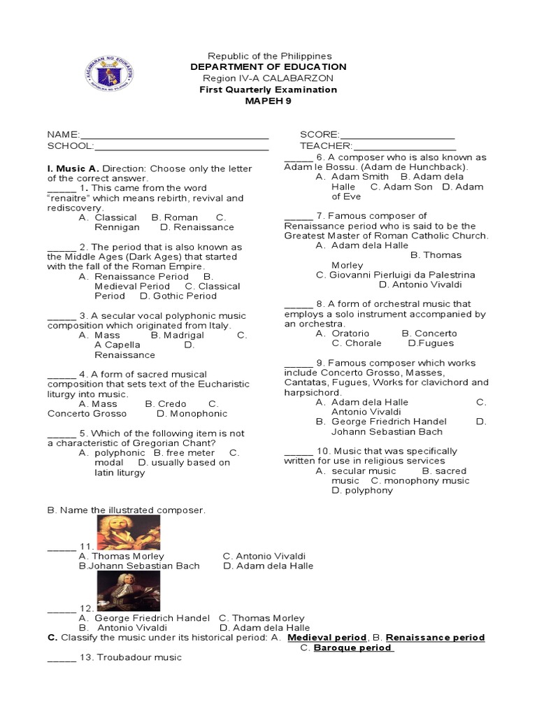 1st Quarterly Exam Grade 9 Mapeh | PDF