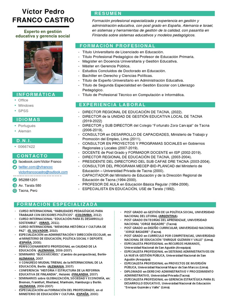 Perfil Profesional de Víctor Franco Castro | PDF | Maestros | Universidad