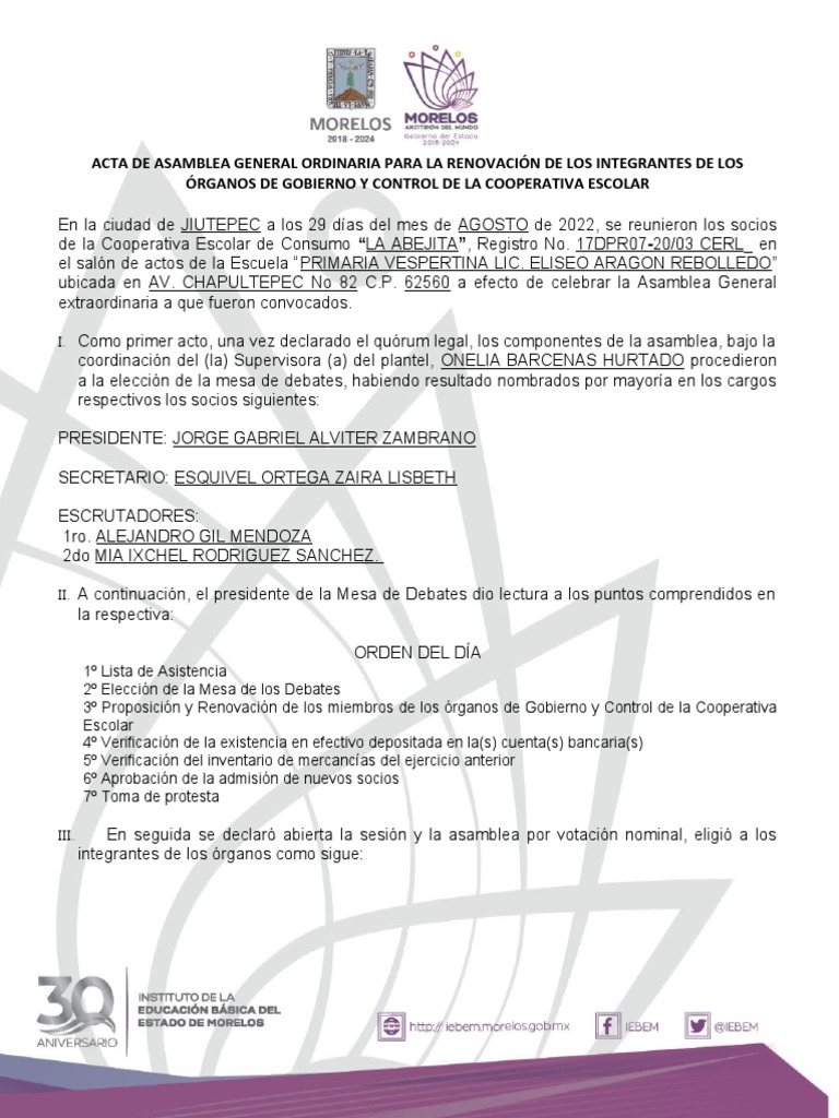 Acta de Asamblea General Ordinaria para La Renovación de Los ... Acta de Asamblea General Ordinaria para La Renovación de Los ...