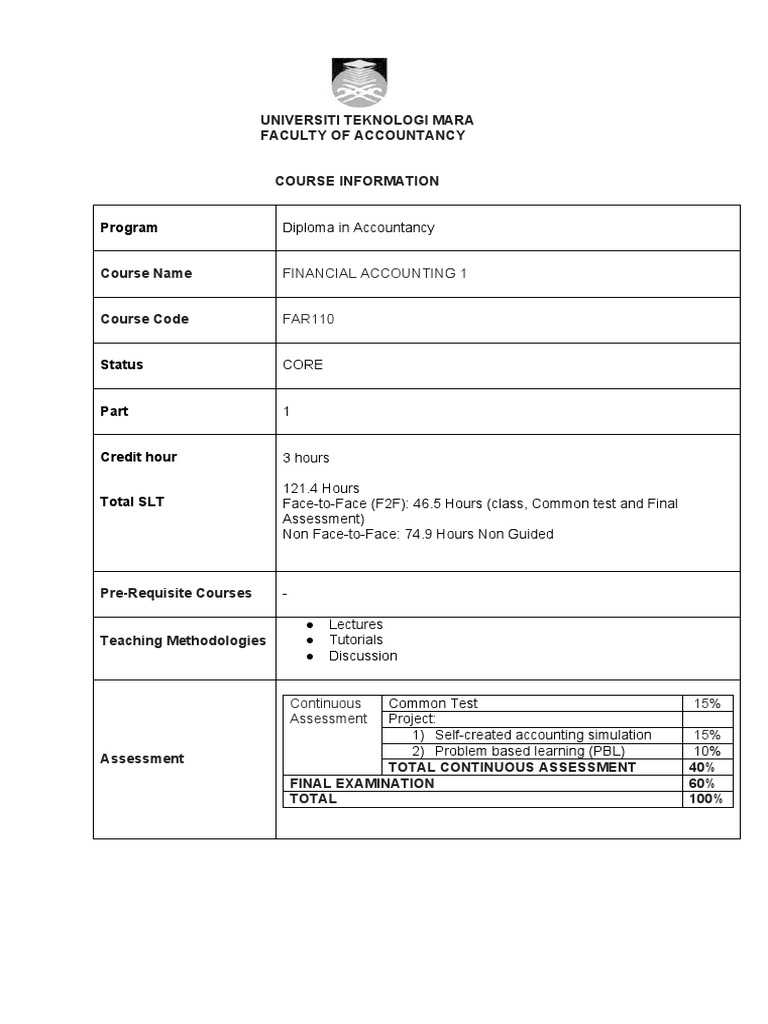 Course Outline Financial Accounting 1 | PDF | Accounting | Depreciation