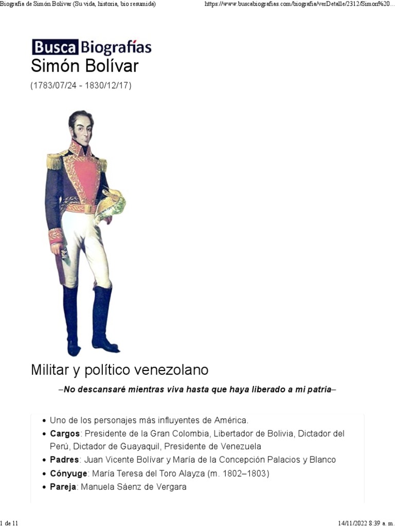 Biografía de Simón Bolívar (Su Vida, Historia, Bio Resumida) | PDF